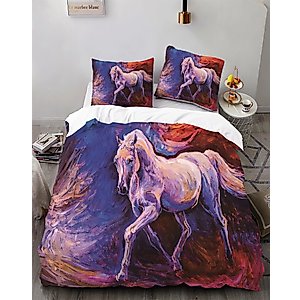 EIANLAI Horse Bed Duvet Cover Set, Wild Animal Themed Bed 3 Piece Duvet Cover Set for Kids, Teens, Boys, Girls Room Decor, includes 1 Duvet Cover and 2 Pillow Cases - Queen