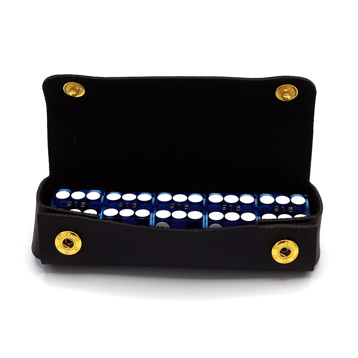 Luck Lab Grade AAA 19mm Casino Dice with Razor Edges and Matching Serial Numbers Set of 5 and Leather Dice Case, Blue