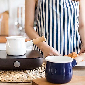 500ml Enamel Milk Pan with Wooden Handle Mini Saucepan Cookware Pan for Gas Cooker Kitchen Tool(Blue)
