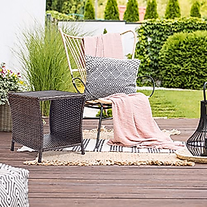 Outdoor Side Table for Patio Small Rattan Wicker Coffee Table Balcony Table Outside End Table with Poly Lumber Table Top & Storage Bistro Table for Garden Pouch Deck Living Room Backyard Brown