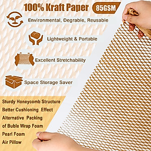 Honeycomb Packing Paper, 15" x 300' Recyclable Cushion Packing Paper for Moving Shipping Packaging Breakables, Eco Friendly Bubble Wrap Alternative Roll Kraft Honeycomb Paper with 20 Fragile Stickers