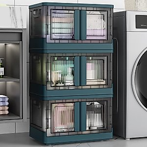 BROVIEW V6 Storage Bins with Lids, 102 QT Stackable Storage Bins with Wheels, Collapsible Storage Bins with Doors, Folding Storage Cabinets for Closet, Home Office Dorm Organizer Essential, Green