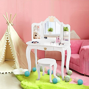 HONEY JOY Kids Vanity, Crown Themed Toddler Dressing Makeup Table and Chair Set w/Drawer & Tri-Folding Mirror, Detachable Mirror, Princess Pretend Play Girls Vanity Set with Mirror and Stool(White)