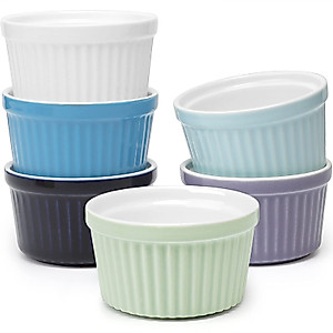 amHomel 4 OZ Ramekins Oven Safe, Porcelain Ramekins for Creme Brulee, Lava Cakes, Pudding, Souffle, Custard Cups for Baking and Dipping, Set of 6, Cold Assorted Color