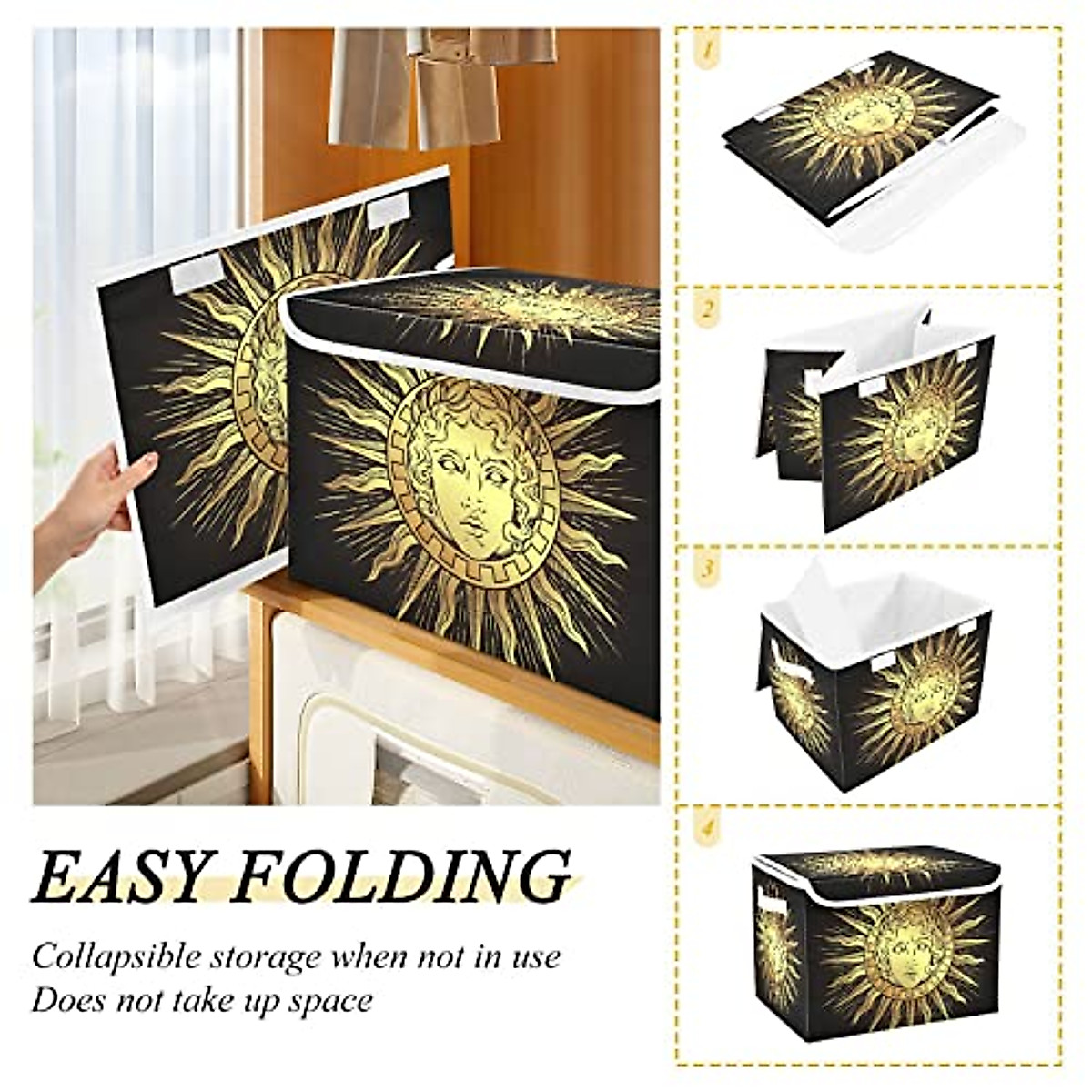 RunningBear Sun Large Storage Bins with Lid Collapsible Storage Bin Household Basket Boxes Decorative Storage Boxes for Living Room Office