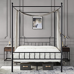 Yaheetech Canopy Bed Frames Platform Bed Frame Four-Poster Canopied Bed Mattress Foundation with Headboard and Footboard Sturdy Slatted Structure No Box Spring Needed Easy Assembly Full/Black