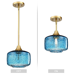 1 Light Hanging Indoor Kitchen Island Pendant Light 7.75" Ancient Seeded Glass Pendant Ceiling Light Fixtures Modern Farmhouse Dinning Over Sink Hallway (Blue Glass, 1 Pack)