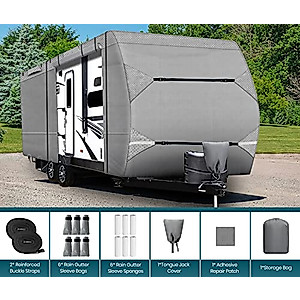 Toy Hauler 27'-30' Travel Trailer RV Cover, UV Protection Camper Covers 8 Layers Top Waterproof Windproof Moving Trailer Motorhome Cover Universial Fit with 6 Gutter Spout Covers 1 Storage Bag