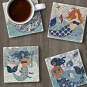 Thirstystone Mermaid Island Multi-Image Absorbent Stone Tumbled Tile Coaster 4 Pack with Protective Cork Backing Manufactured in The USA