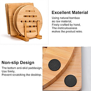 5 Pack Trivets for Hot Pots and Pans with Plate Rack Holder Set - Natural Bamboo Hot Pad No-Slip Design - Bamboo Trivets for Hot Dishes, Pot, Bowl, Teapot(2 Square 2 Roundness 1 Storage Rack)