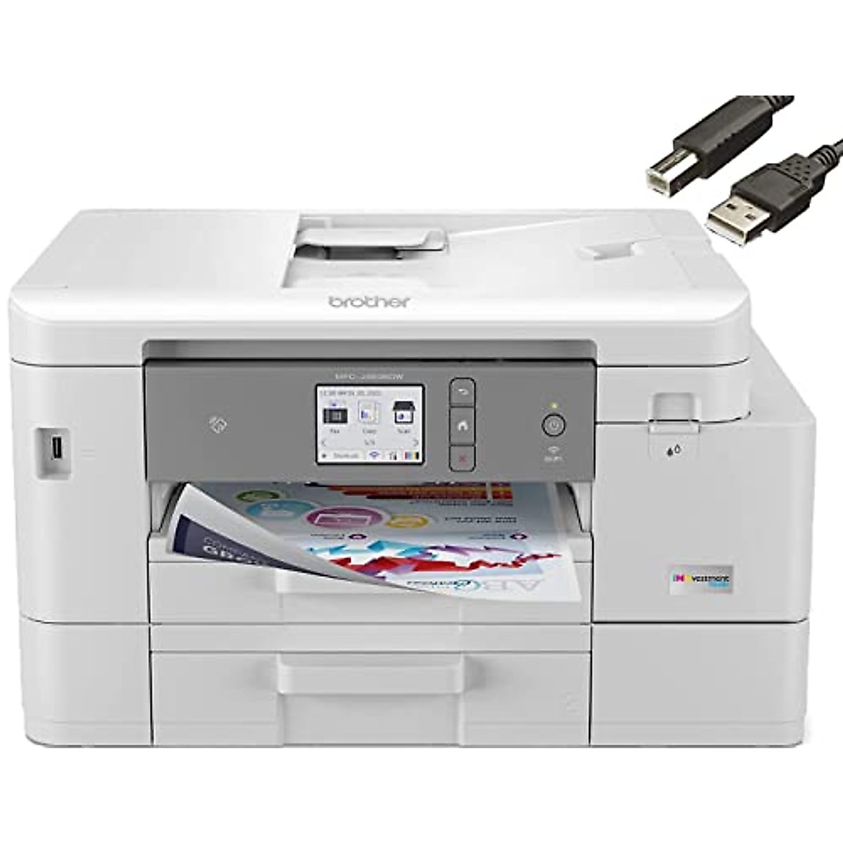 Brother MFC Series INKvestment Tank All-in-One Color Inkjet Printer with NFC, Print Scan Copy Fax, Auto 2-Sided Printing, 4800 x 1200 dpi, Built-in Wireless, White, Bundle with Cefesfy Printer Cable