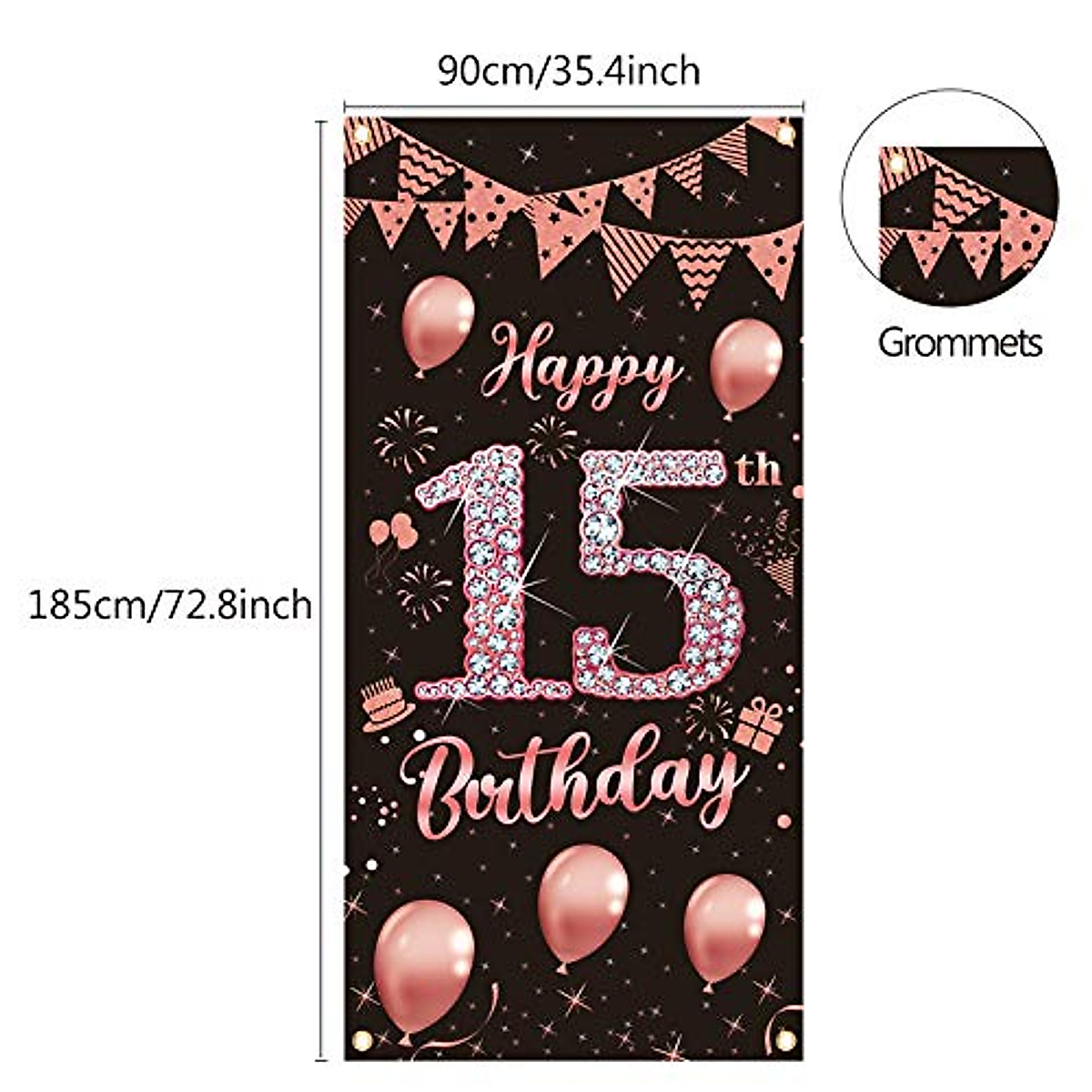Lnlofen 15th Birthday Door Banner Decorations for Girls, Large 15 Year Old Birthday Party Door Cover Backdrop Supplies, Rose Gold Happy 15th Birthday Poster Sign