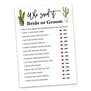 Inkdotpot Cactus Taco'bout Love 50-Pack He Said She Said Cards for Couples Funny Rehearsal Dinner Who Said it Question Bridal Shower Engagement Party Game Ideas