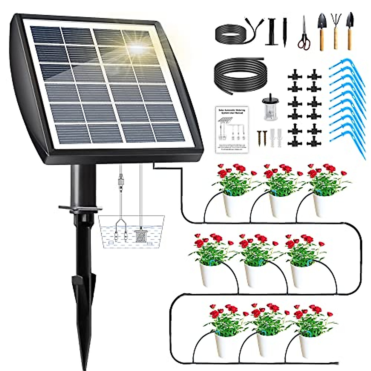 Solar Auto Drip Irrigation Kit System, Solar Powered Plants Watering System, Self Watering Devices Supported 15Pots with 6Timing Modes, Irrigation System for Indoor and Outdoor,Balcony Patio & Garden