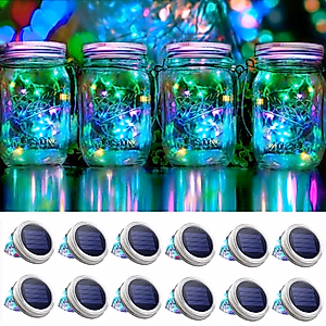 30 LED 12 Pack Mason Jar Solar Lights Outdoor Colorful Solar Mason Jar Lid String Fairy Lights Hanging Lights for Patio Yard Garden Wedding Decorations[No Jar+12 Hangers]