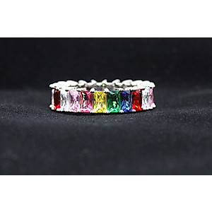 Savlano 18K White Gold Plated Cubic Zirconia Emerald Cut Multicolor Rainbow Eternity Ring Band (10)