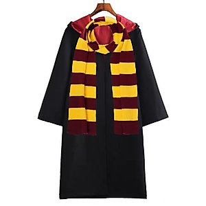 Utaomld Magician Hooded Robes with Scarf Spell Wand for Teens Cosplay Wizard Cloak Halloween Christmas Witches Carnival Costumes Black Cape Red Lined Medium