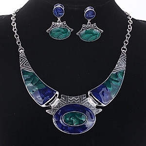 YAZILIND Ethnic Dark Blue Green Embossed Bib Collar Earrings Necklace Jewelry Set Women