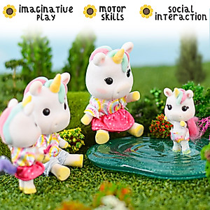 Sunny Days Entertainment Honey Bee Acres Rainbow Ridge Daydreamers Unicorn Family – 4 Miniature Flocked Dolls | Small Fantasy Collectible Figures | Pretend Play Toys for Kids