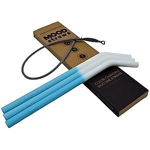 Mood Straws Color-Changing, Reusable Silicone Drinking Straws, Pack of 3 plus Cleaning Squeegee, Eco-Friendly, BPA Free, Tumbler/Yeti-Friendly, Kid-Friendly, Flexible, Soft on Teeth (Seafoam)