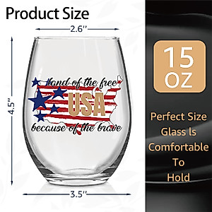 Pishovi USA Land of The Free Because of The Brave Wine Glass with Gift Box, Funny Flag Stemless Wine Glass, Memorial Day Gift, Day of Honor Retirement Gifts for Dad Grandpa Veteran Gifts