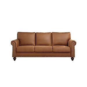 Livavege, 80" Mid-Century Modern, Breathable Faux Leather Upholstered Cushions/Pillows, 3-Seat Sofas & Couches for Living Room Apartment Office, Light Brown