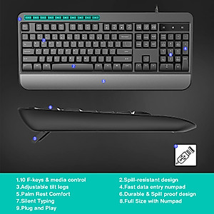 Wired Keyboard and Mouse Combo, Full-Sized Ergonomic Computer Keyboard with Palm Rest and Optical Wired Mouse for Windows, Mac OS Desktop/Laptop/PC