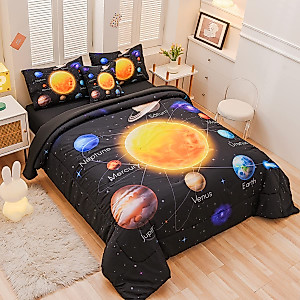 Tasselily Twin Size Comforter Sets for Boys, Space Bedding Set Twin Bed in a Bag, 6 Pcs Universe Planet Galaxy Comforter Set with Sheets