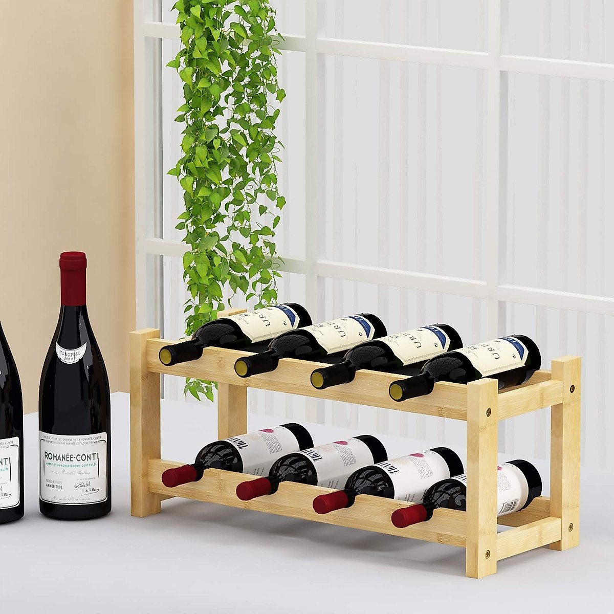 BAMEOS Wine Rack Free Standing 8 Bottle 2 Tier Bamboo Wine Racks Countertop Cabinet Wine Holder Wine Storage Shelf for Kitchen, Bar, Pantry, Wine Cellar, Basement, Countertop (16.85 L x 9.25W x 7H)