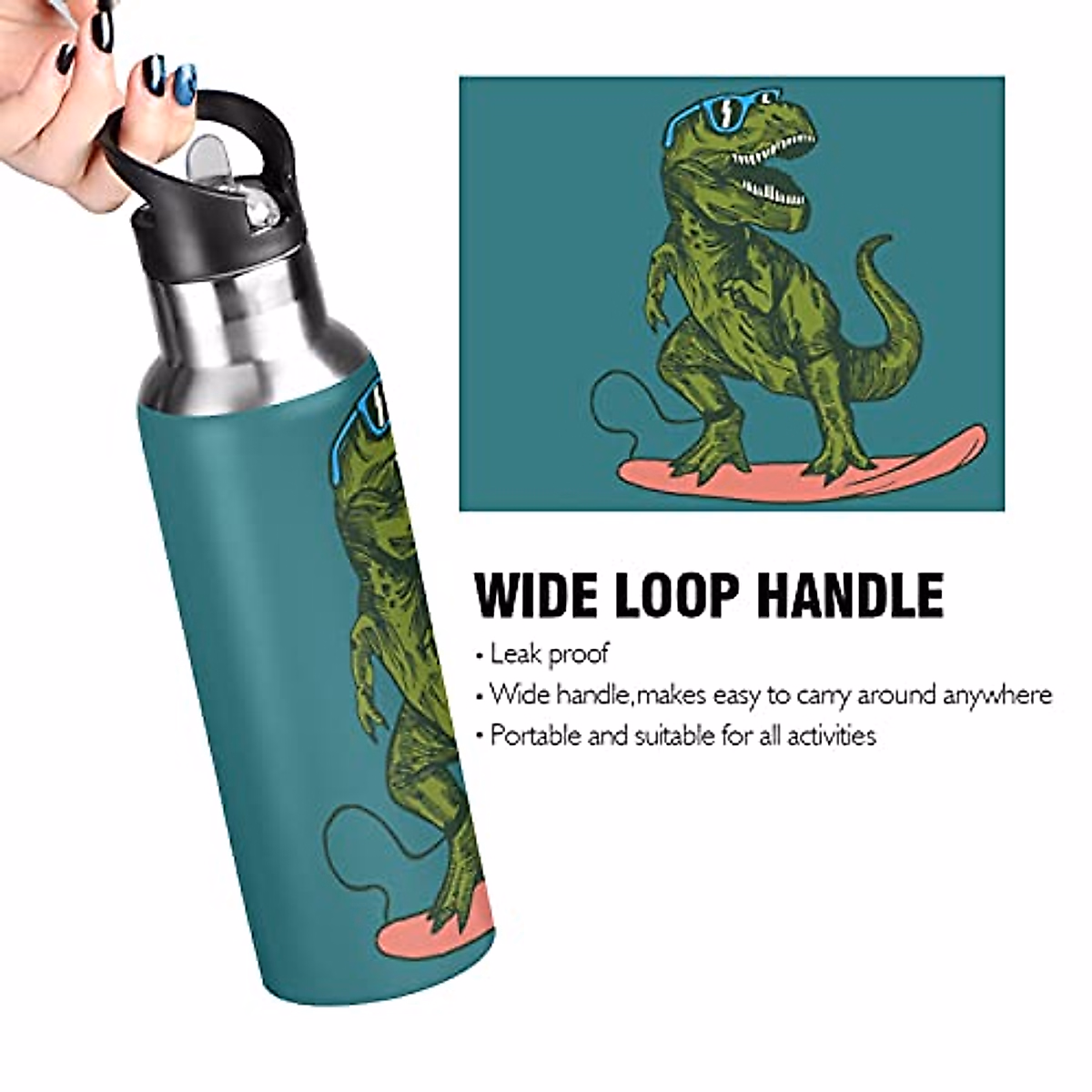 Funny Dinosaur Skateboard Kids Water Bottle Thermos with Straw School Vacuum Insulated Stainless Steel Thermos Bottle Cup Leakproof Sport Travel Cup Mug Handle for Girls Women Biking 20 OZ