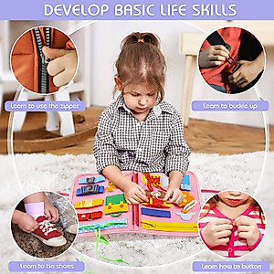 matiugod Toddler Busy Board for 3+ Years Old, Montessori Sensory Toys to Learning Fine Motor Skills - Educational Travel Toys for Toddlers Car Airplane (Pink)