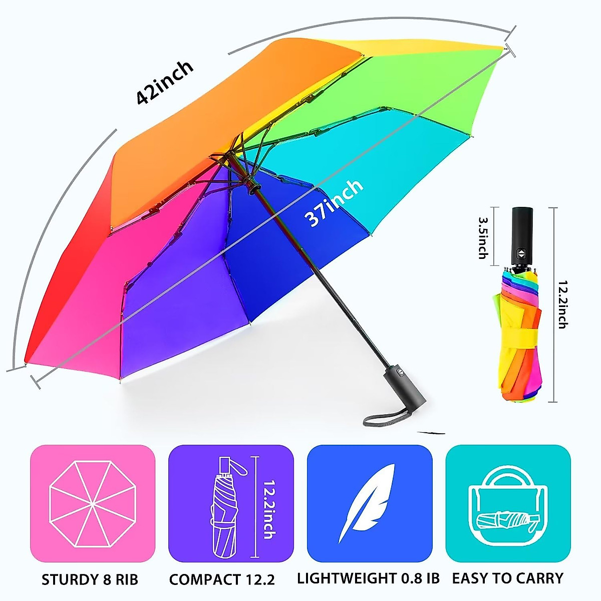 LEAGERA Rainbow Umbrella for Adults - 42inch - Automatic Folding Travel Umbrellas for Rain&Sun, Small, Compact and Portable Backpack Umbrellas