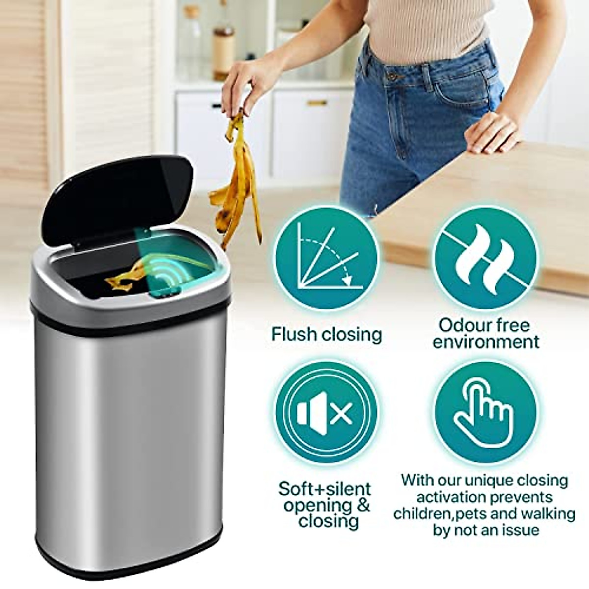 Automatic 13 Gallon Kitchen Stainless Steel Touch Free Trash Can with Lid High-Capacity Waste Bin with Ring Garbage Can for Home Kitchen Bathroom Bedroom Office
