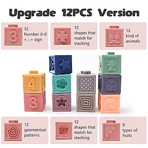 Maikerry 12PCS Blocks,Soft Stacking Blocks Bath Toys,Squeeze Play with Animals, Shapes, Textures, Numbers,Fruit,Early Educational Learning Stacking Blocks Tower, Best Gift for Toddlers