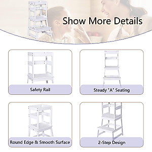 Kinbor Baby Kids Kitchen Step Stool with Safety Rail-Solid Wood Construction Toddler Stool Toddler Stepping Stool for Counter and Bathroom Sink White