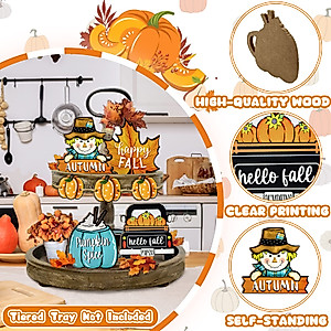 Guoofu Fall Scarecrow Tiered Tray Decor, Farmhouse Pumpkin Tray Decorations, Happy Fall Maple Leaf Truck Pumpkin Spice Wooden Signs, Autumn Thanksgiving Rustic Home Decor for Party Tabletop