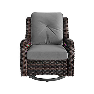 Bestier Outdoor Patio Swivel Rocking Chair, Wicker Swivel Glider Chair with 49.2 Ft LED Strip, Porch Furniture Chair with 4" Anti-Slip Grey Cushion for Garden, Deck(Dark Brown)