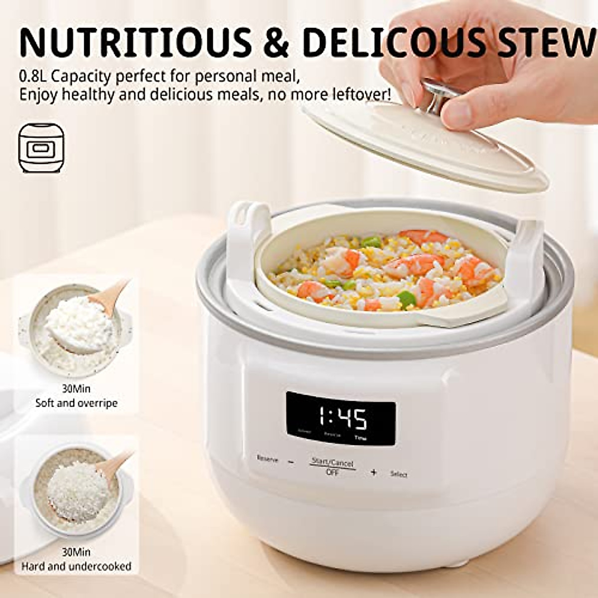 MEEDEER Slow Cooker White, Small Slow cooker 1QT, Smart Appointment, Ceramic Interior pot, Automatic Multi-function Rice Cooker, Elecric Stew, Yogurt Maker Keep Warmer