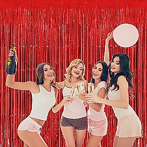 3 Pack Red Thicken Foil Fringe Curtains Decorations 3.2x8.2ft, Photo Backdrop for Birthday Bachelorette Bridal Shower Baby Shower Graduation Party, Party Streams Decor