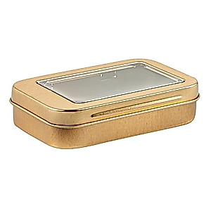 Restaurantware RW Base 4.5 Ounce Rectangular Tin Containers 10 Durable Tin Boxes With Lids - Clear Window Lids Rounded Edges Gold Tin Storage Containers Customizable Fits Mints Or Pills