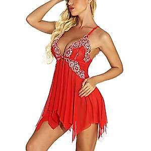 klier Lingerie for Women Lace Babydoll Sexy Chemise V Neck Mesh Sleepwear Dark Red