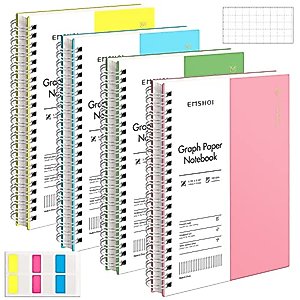 EMSHOI Graph Paper Spiral Notebook, 4 Pack 5.7" x 8.22" A5 Small Grid Notebook, 640 Pages 100gsm Thick Graph Journal with Sticky Notes, Plastic Hardcover, Yellow, Blue, Green, Pink