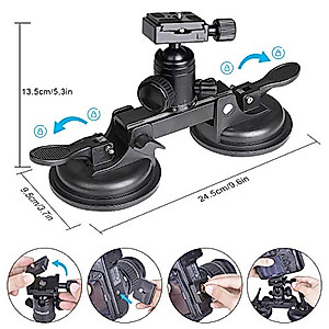 Professional Heavy Duty (20 lbs Load) True DSLR Mirorrless Camera Suction Cup Car Mount Camcorder Vehicle Holder w/Quick Release Plate 360° Ball Head Compatible with Nikon Canon Sony RED BM Hi-Speed