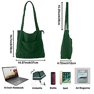 Corduroy Tote Bags for Women with Zipper and Front Pocket Shoulder Handbags Casual Canvas Purse, Green