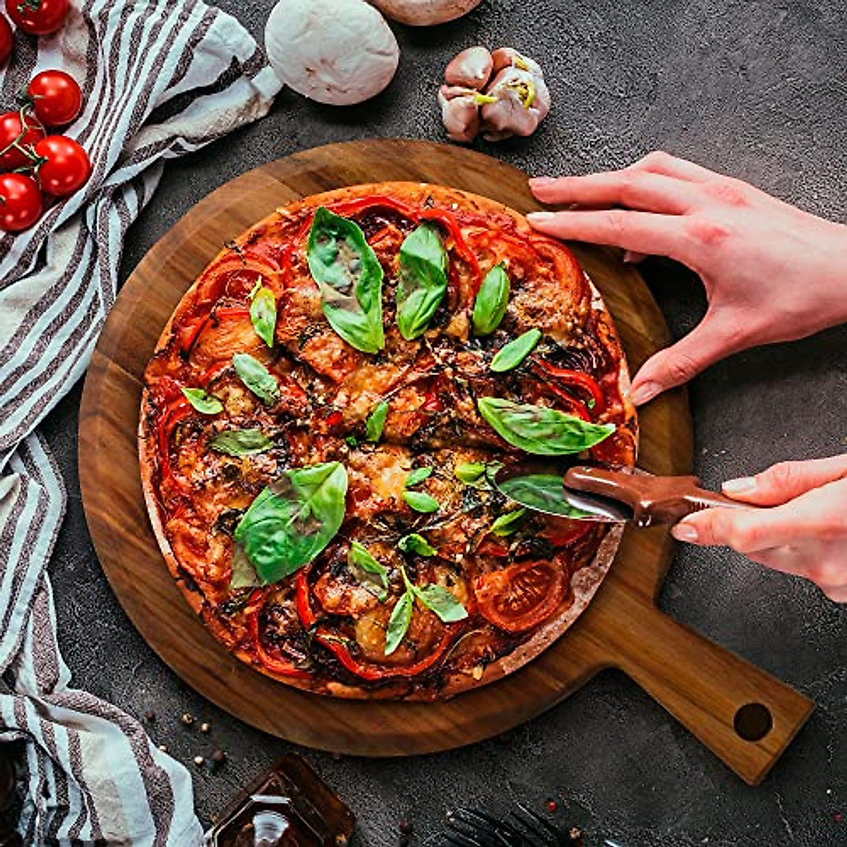 Vees Goods Acacia Wood Cutting Board with Handle - Kitchen Round Cutting Board Set includes Glove and Towel - Great Use for Pizza, Charcuterie, Chopping Board - Size (15.9” x 12.2”)