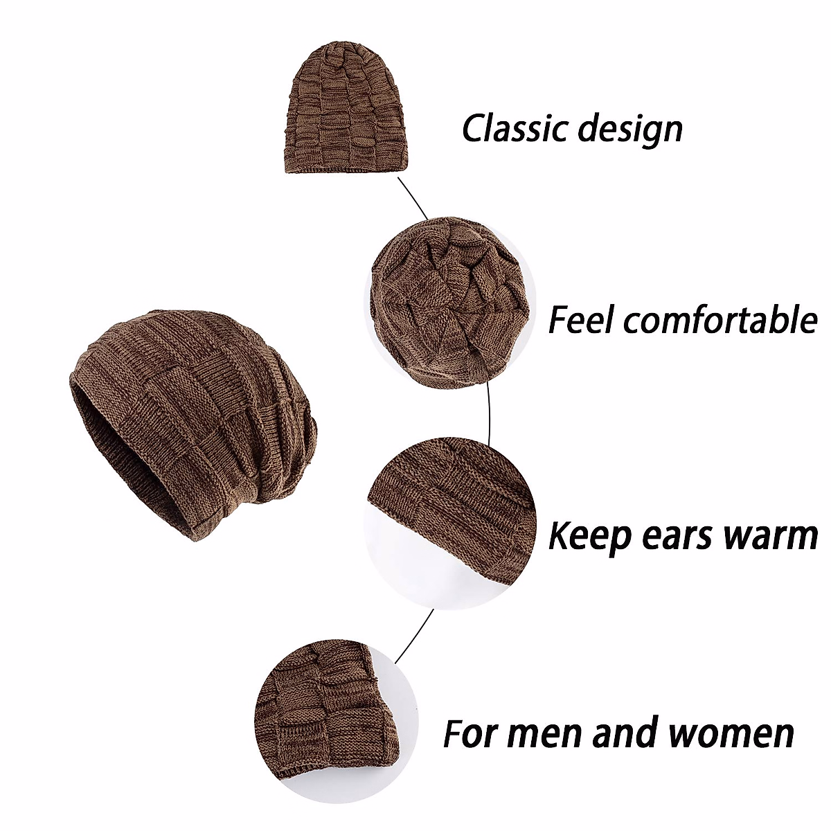 LANGZHEN Slouchy Beanie for Men -Winter Warm Lined Knit Hat for Guys Soft Thick Warm Cap(Brown-Melange)