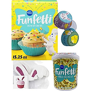 The ULTIMATE Easter Springtime Baking Bundle Set Featuring Pillsbury Funfetti Vanilla Cake Mix, Pillsbury Funfetti Vanilla Frosting with Sprinkles, Bunny and Baby Chick Cupcake Liners and Adorable Bunny Ear Cupcake Toppers. Makes 24 Cupcakes