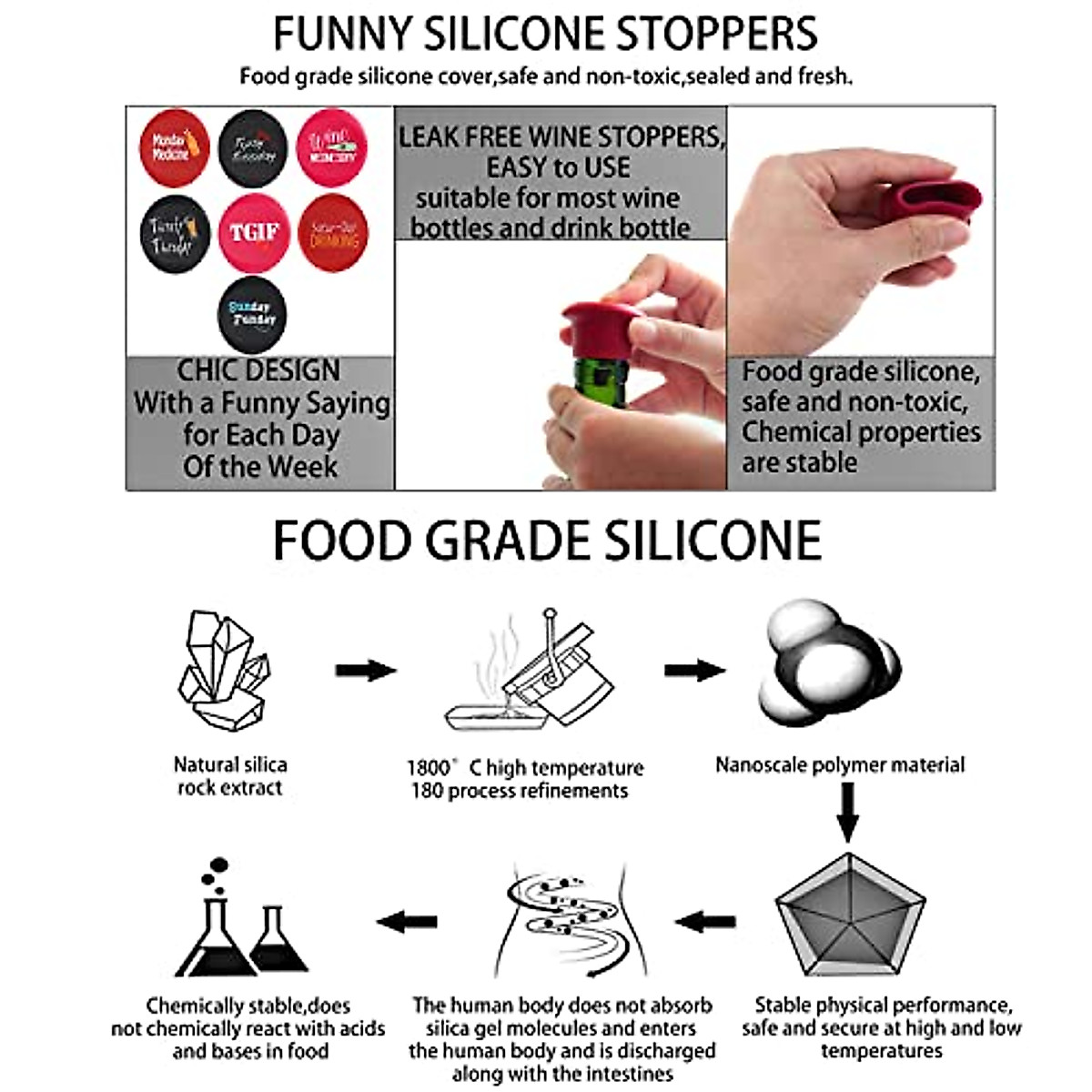 Wine Stoppers 7 Pack Funny Wine Bottle Stoppers Silicone Reusable Leak Proof Air Tight for wine and others wine bottle (Pack of 7)