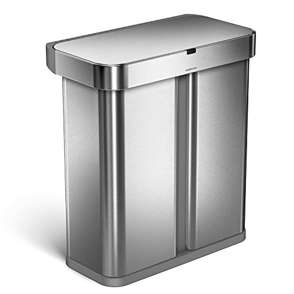 simplehuman 58 Liter / 15.3 Gallon Stainless Steel Touch-Free Dual Compartment Rectangular Kitchen Trash Can Recycler with Voice and Motion Sensor, Activated, Brushed
