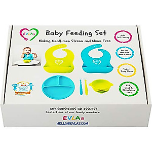 EVLA'S Baby Feeding Set, Baby Led Weaning Supplies, Adjustable Silicone Bibs, Divided Plate, Suction Bowl with Lid, Soft Spoons for Babies or Toddlers, Baby Registry must have!